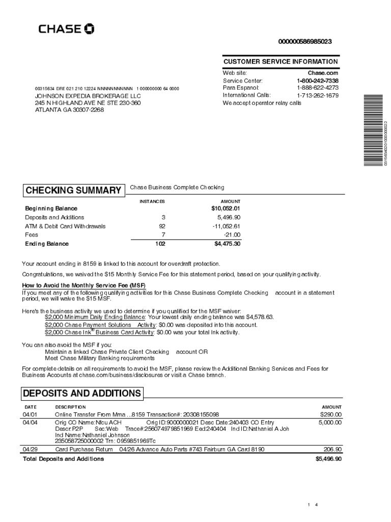 Chase cook April 2024 | PDF | Debit Card | Automated Teller Machine