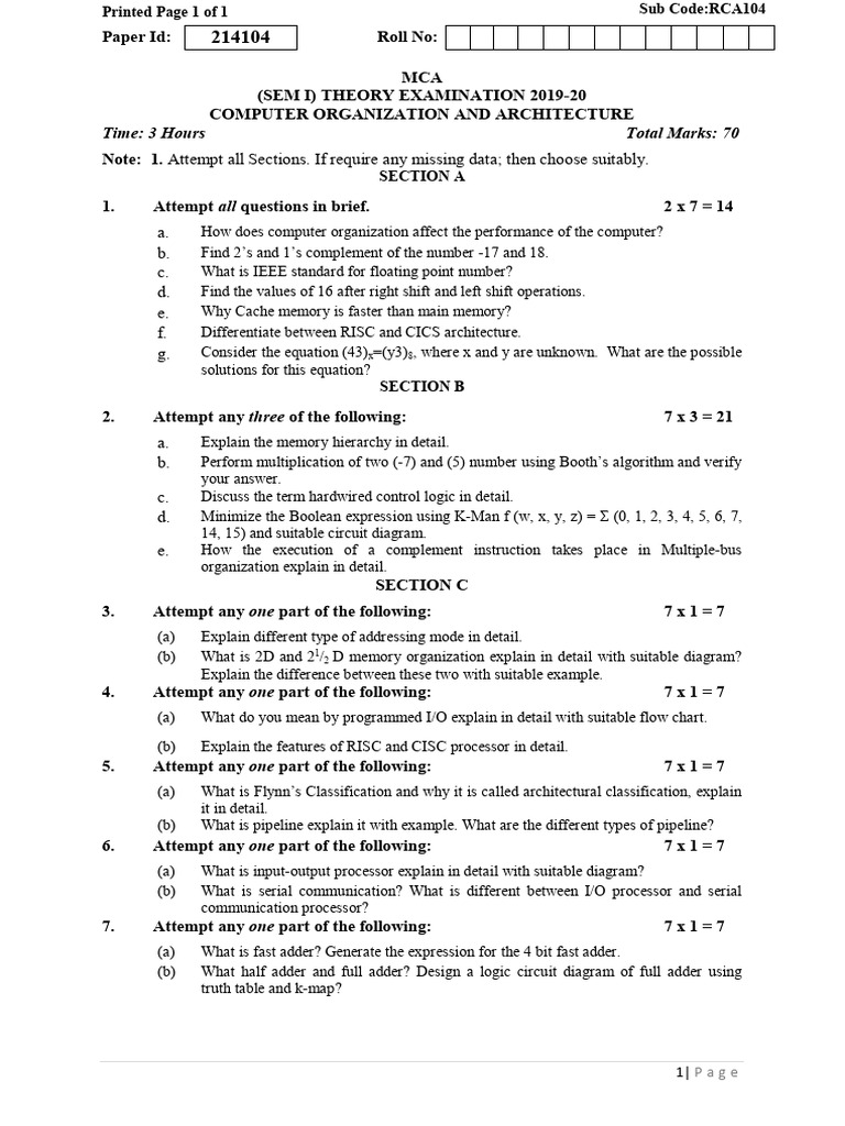 MCA Exam: Computer Organization | PDF | Central Processing Unit | Computer Science
