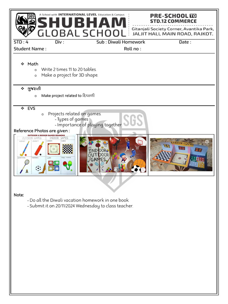 STD-4 - Diwali Homework - Oct2024 | PDF