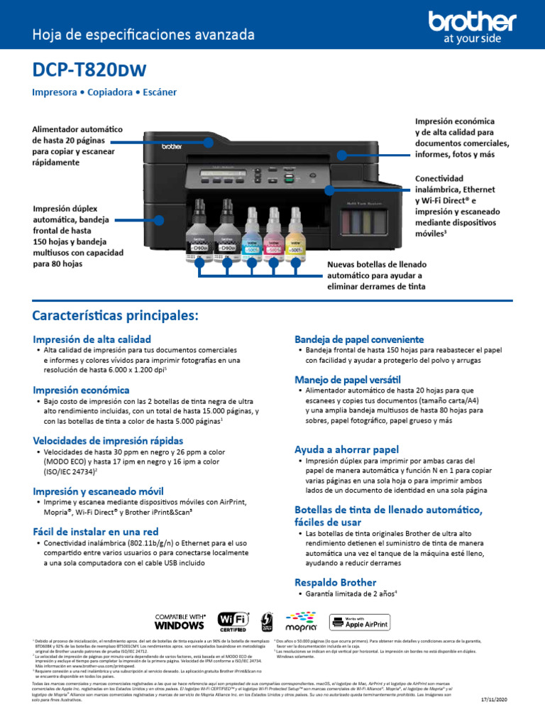 BRO9401 1 DCP T820dw AdvSpecSheet SP 111820 | PDF | Impresora ...