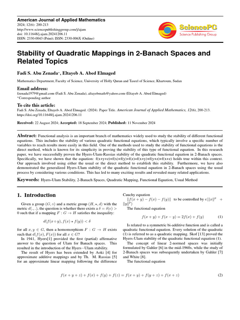 Stability of Quadratic Mappings in 2-Banach Spaces and Related Topics | PDF | Equations ...