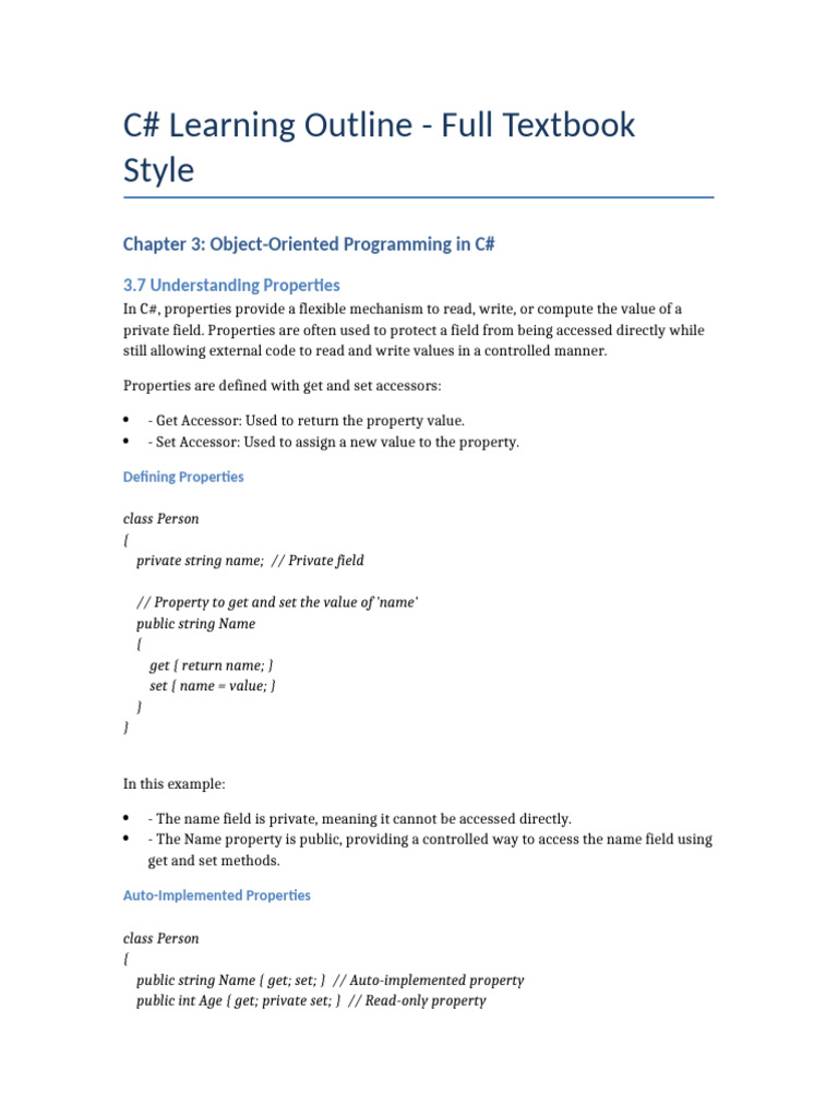 Csharp Learning Outline Textbookstyle Pdf Class Computer Programming Namespace 