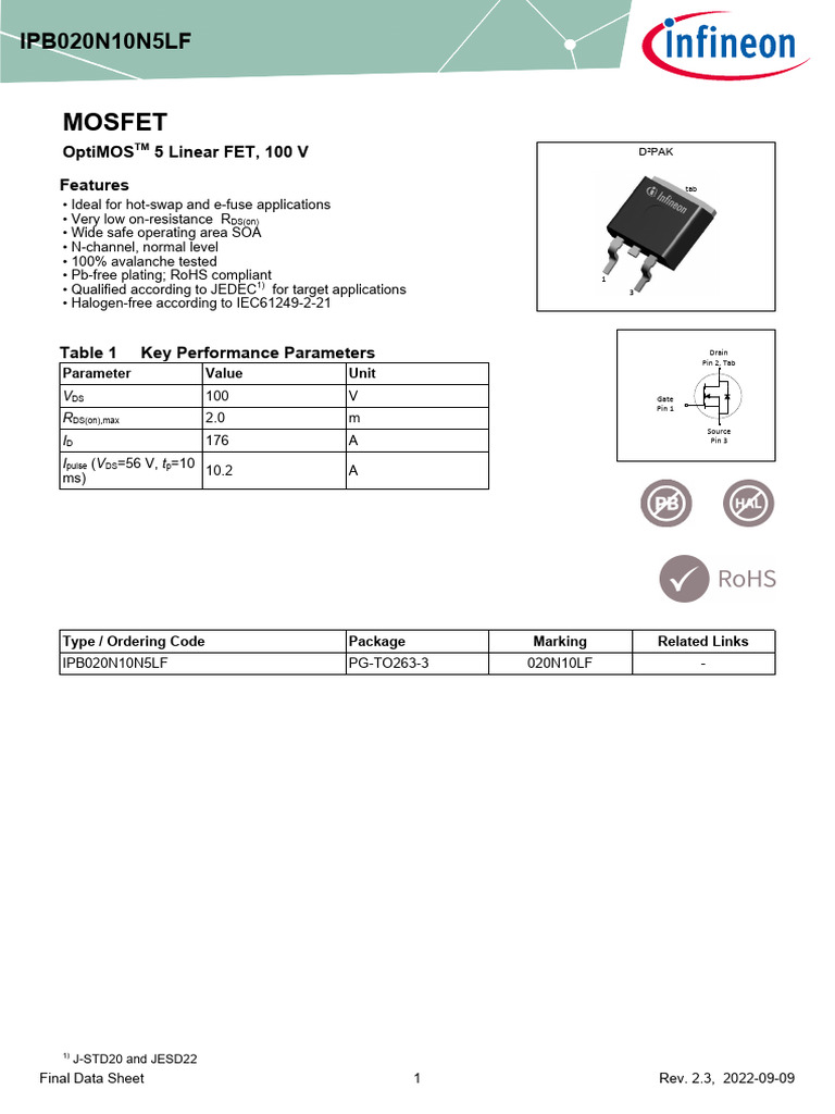 Infineon IPB020N10N5LF DataSheet v02 - 03 EN | PDF | Diode | Printed Circuit Board