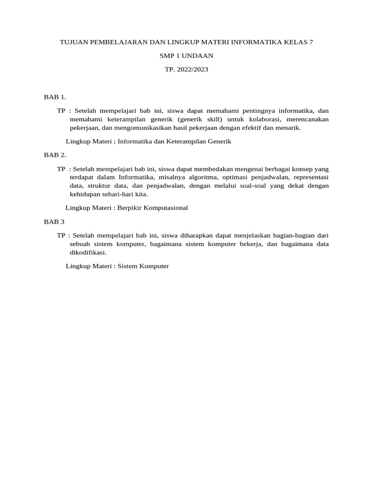 Tujuan Pembelajaran Dan Lingkup Materi Informatika Kelas 7 | PDF
