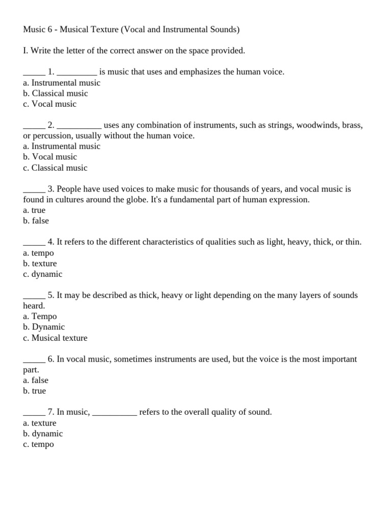 Music 6 - Musical Texture (Vocal and Instrumental Sounds) | PDF ...