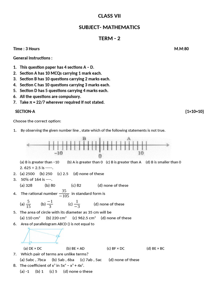 Class 7 Maths Term 2 Question Paper | PDF | Area | Mathematics