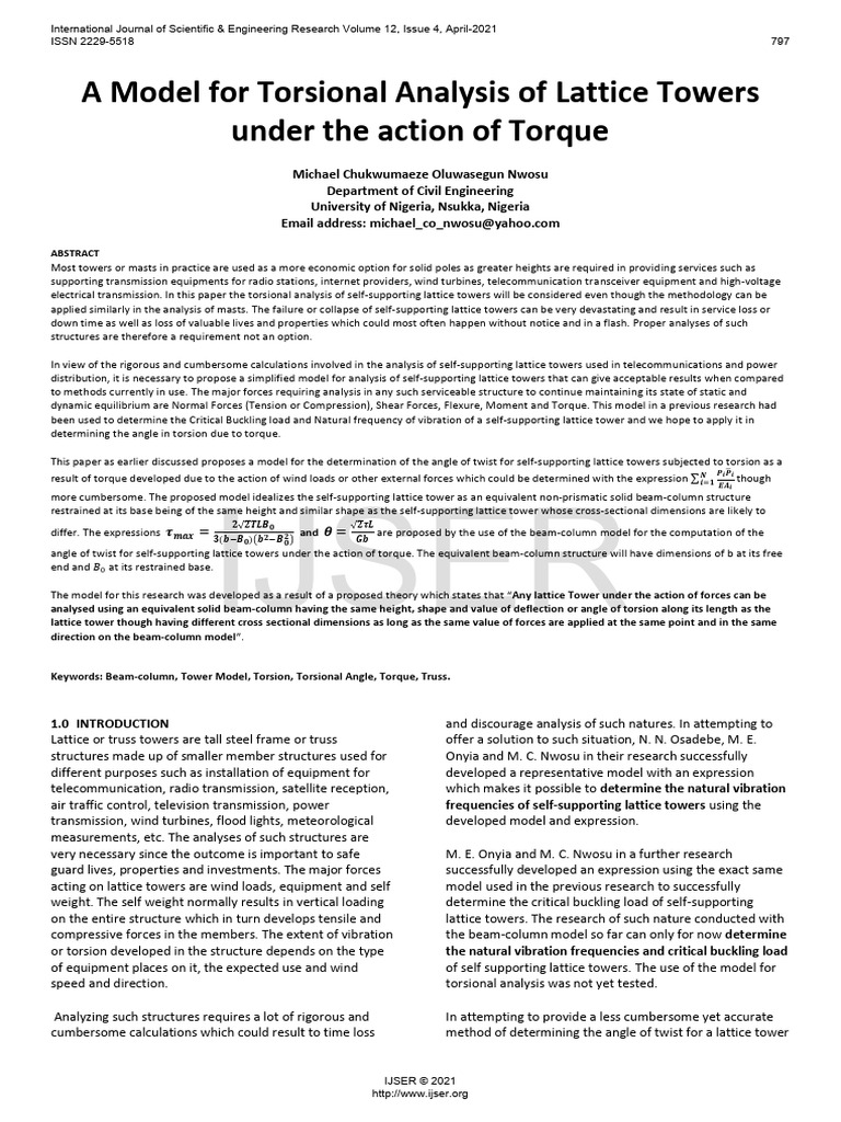 A Model For Torsional Analysis of Lattice Towers Under The Action of Torque | PDF | Beam ...