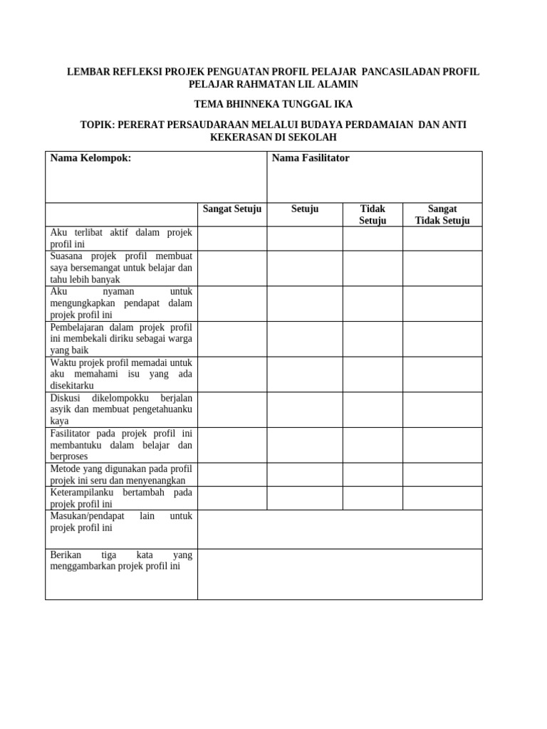 Lembar Refleksi P5 Bhinneka Tunggal Ika | PDF