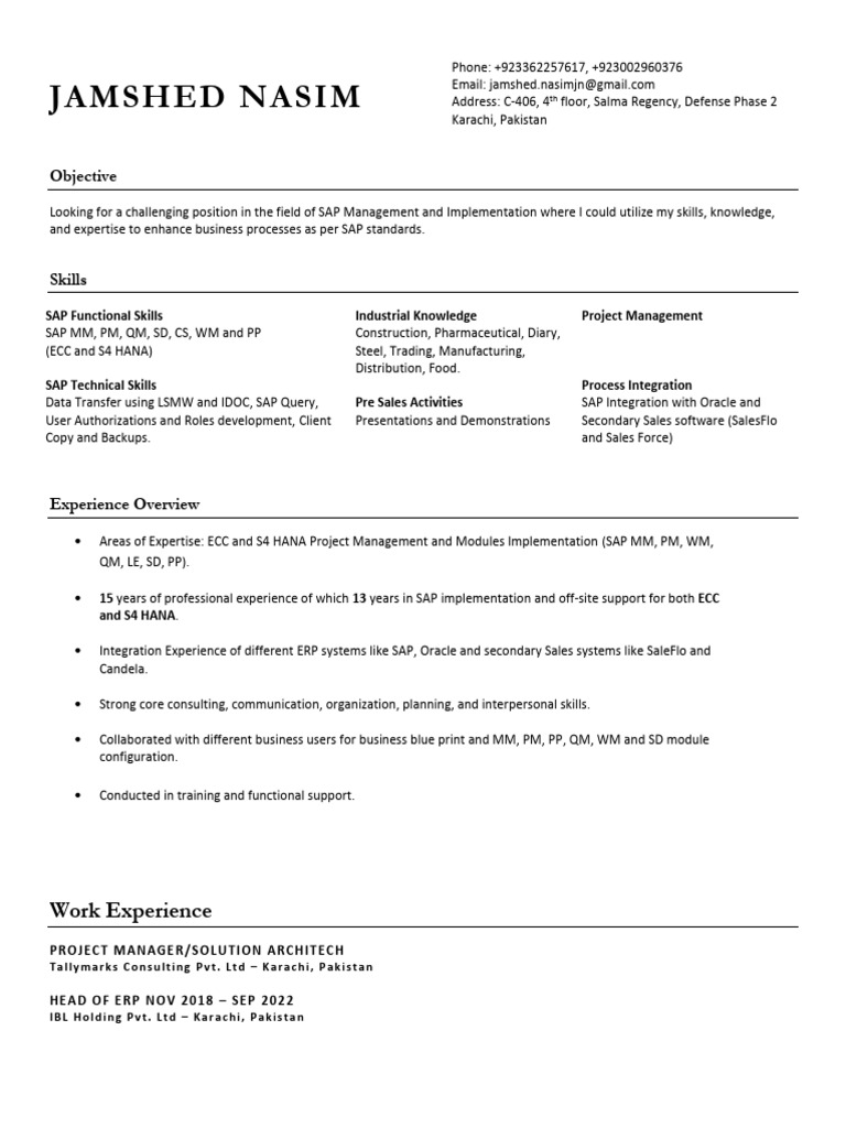 Jamshed Nasim ERP Manager | PDF | Sap Se | Information Technology Management
