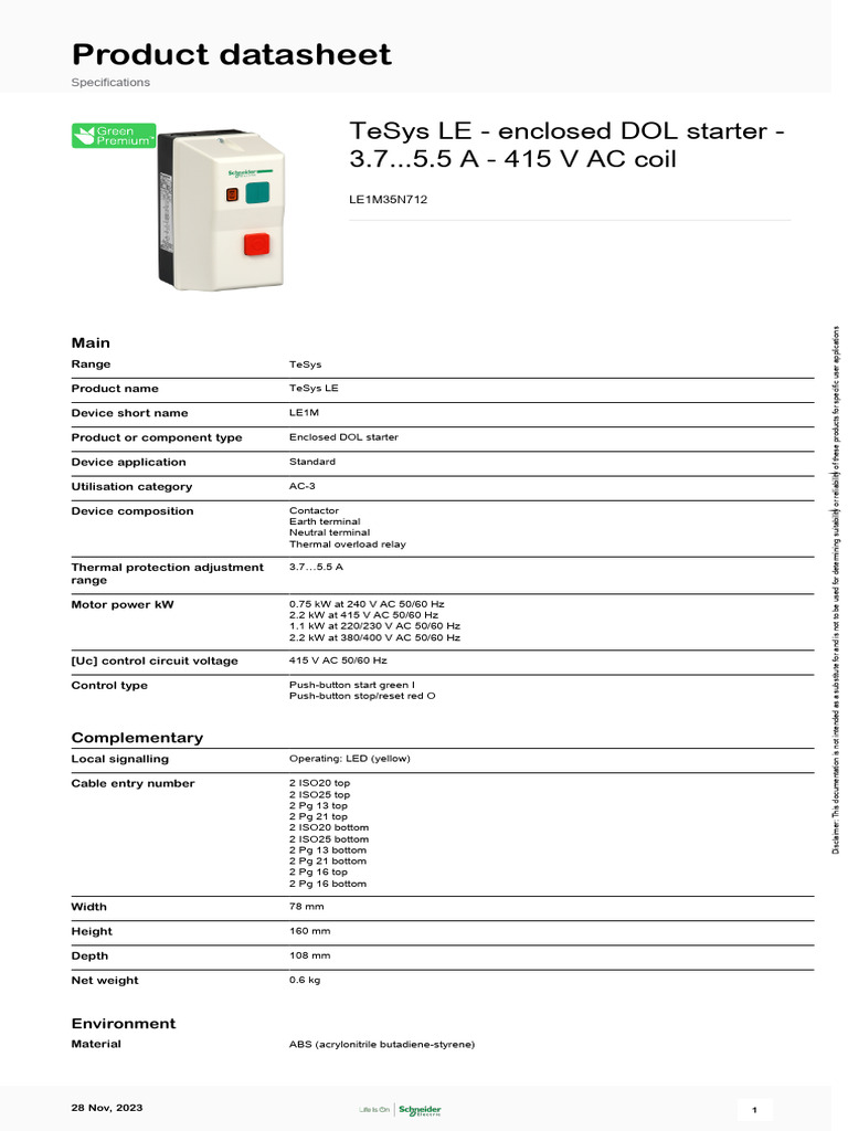 TeSys LE Enclosed DOL Starter Specs | PDF | Electricity | Electrical ...