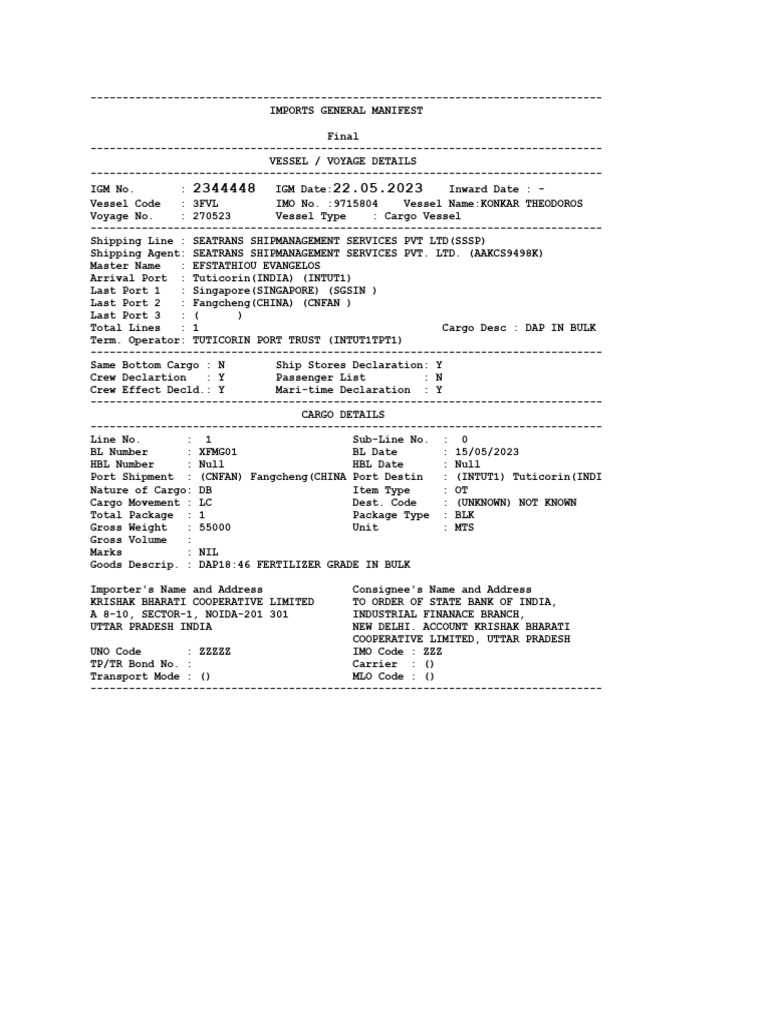 Import General Manifest for Vessel KONKAR | PDF | Cargo | Merchant Navy