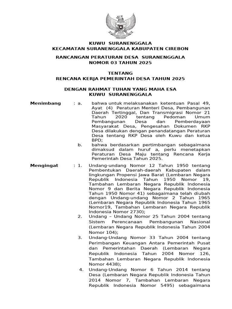 00 Contoh Format Perdes Tentang Pengesahan RKP Desa | PDF