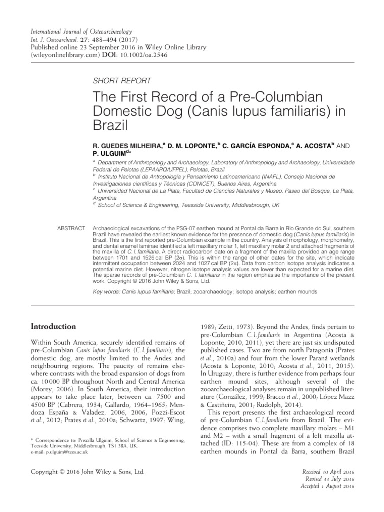 The First Record of A Pre-Columbian Domestic Dog (Canis Lupus ...