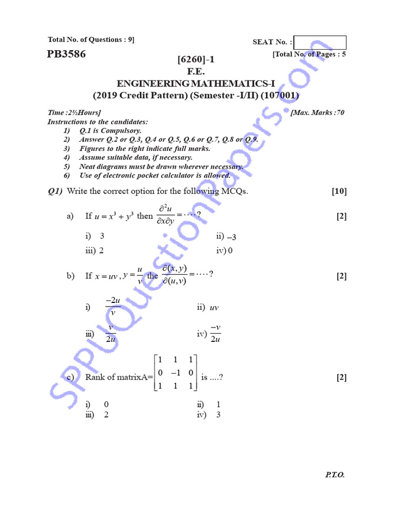 Be First Year Fe Engineering Semester 1 2024 May Engineering Mathematics I Pattern 2019 | PDF ...