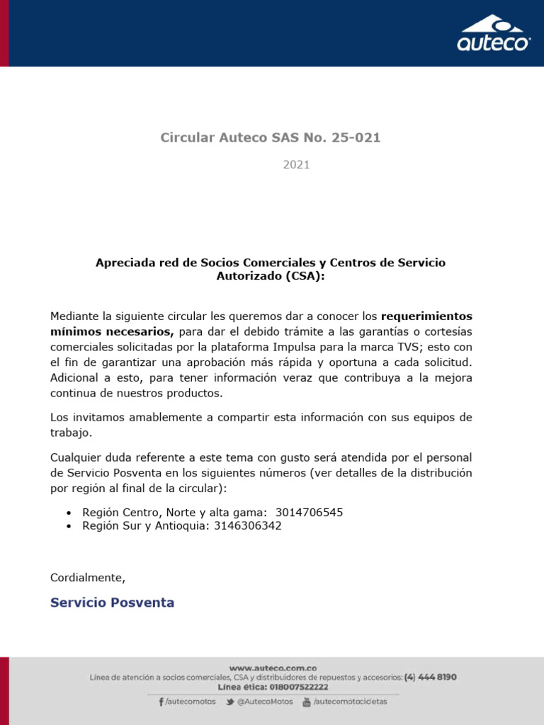 Circular Auteco SAS No. 025-21 Actualización Requisitos Minimos para Realizar Una Solicitud de ...