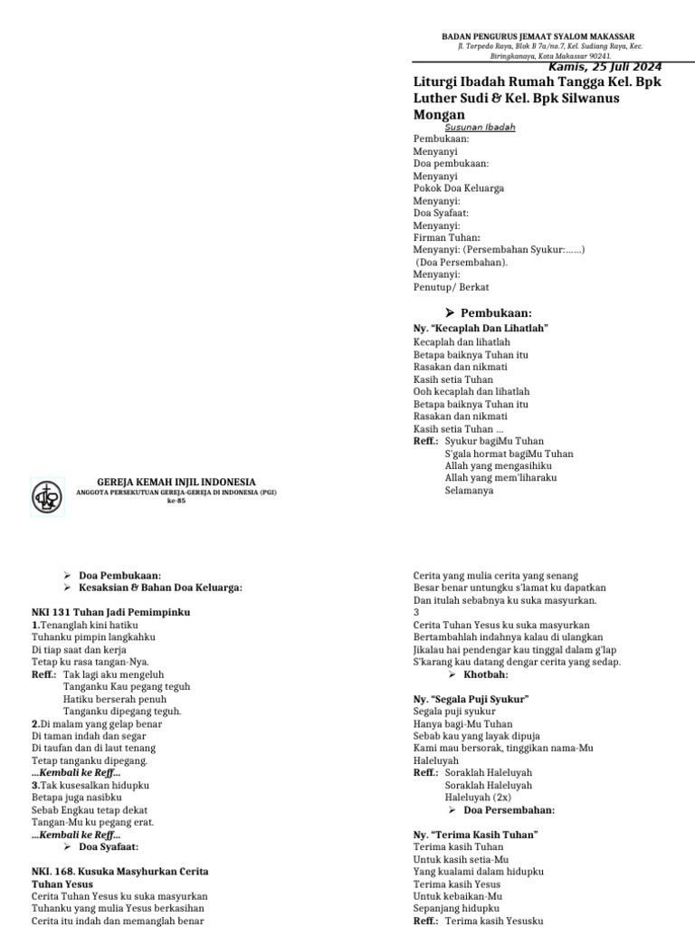 Liturgi Ibadah RT 25 Juli 2024 | PDF