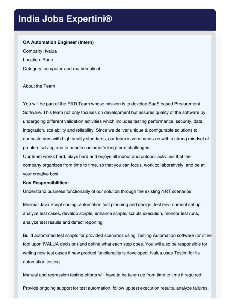 Qa Automation Engineer Intern Pune Ivalua Ae851c15e0 | PDF | Automation | Quality Assurance