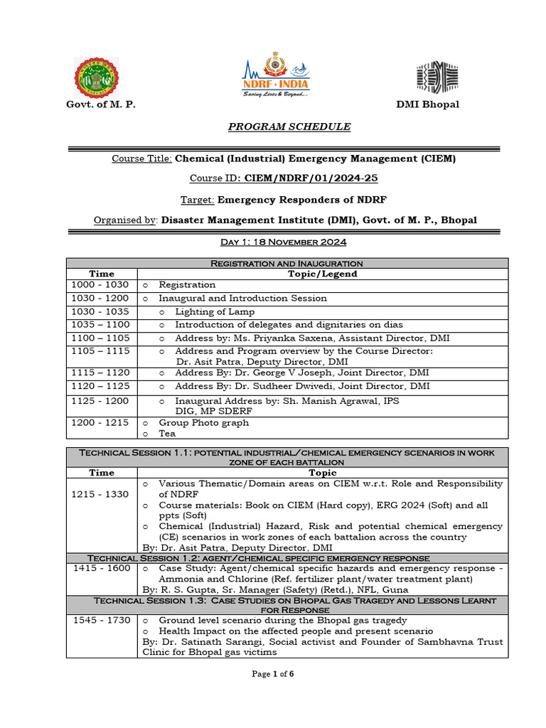 NDRF Training Schedule-Nov 2024-DMI | PDF | Hazards | Safety