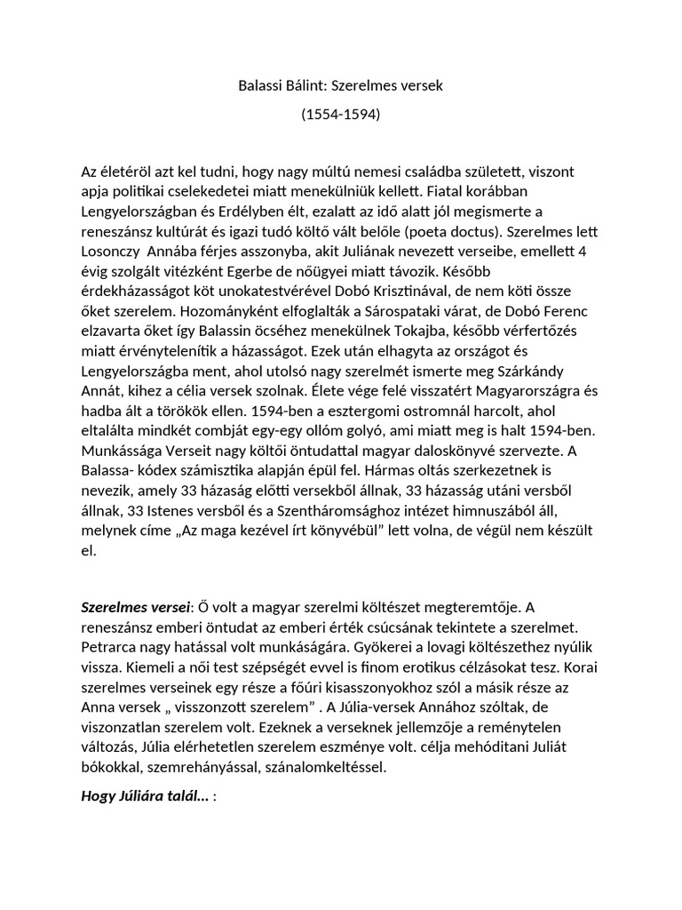 Balassi Bálint Szerelmi Versei Tétel | PDF