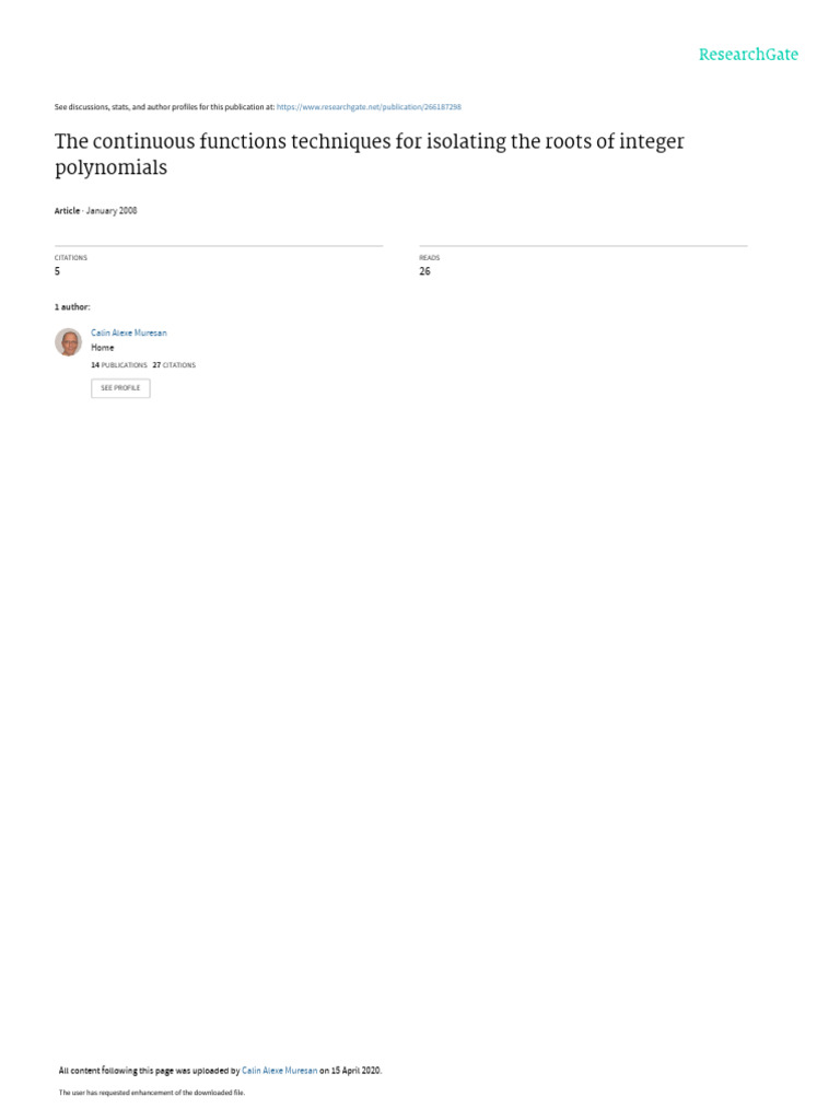 The Continuous Functions Techniques For Isolating The Roots of Integer Polynomials | PDF ...