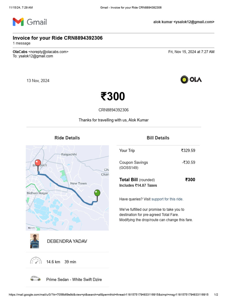 Ola Ride Invoice CRN8894392306 | PDF