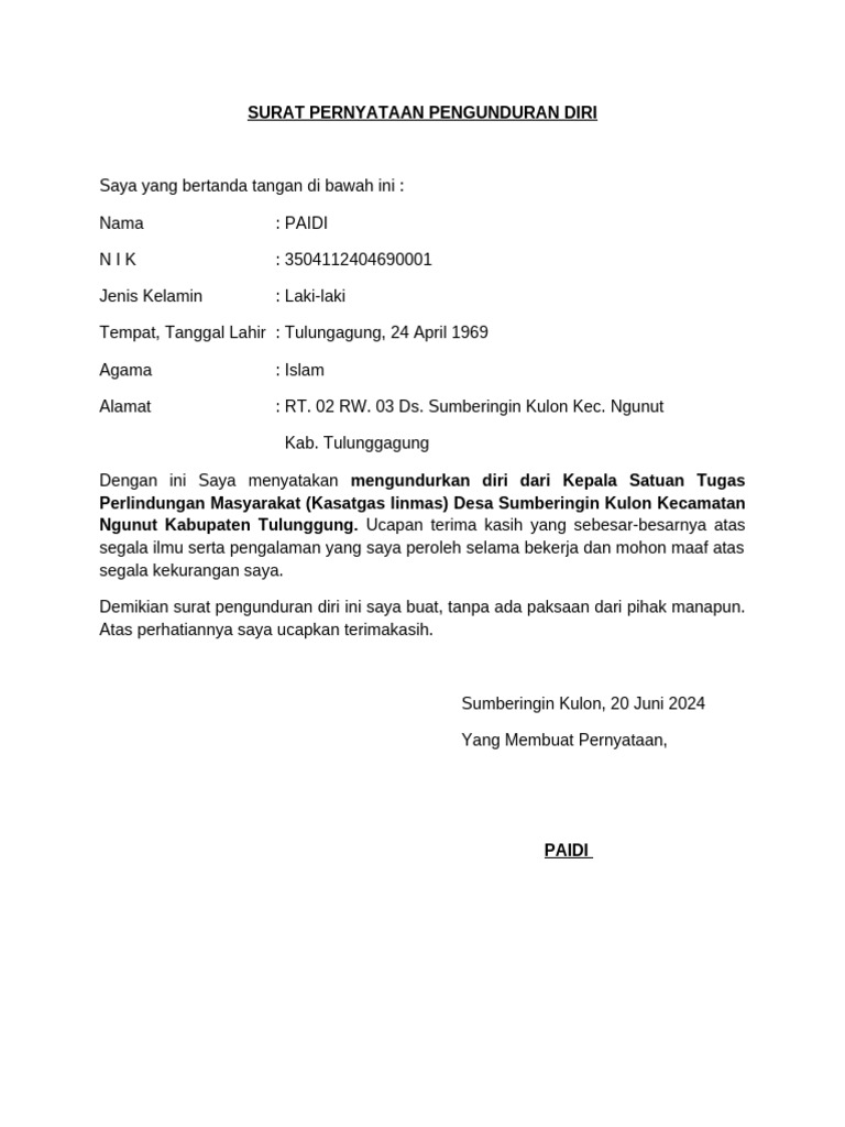 Surat Pernyataan Pengunduran Diri Anggota Linmas | PDF Surat Pernyataan Pengunduran Diri Anggota Linmas | PDF