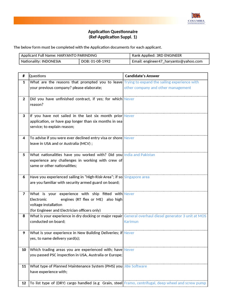 Application Questionnaire Form | PDF | Water Transport | Shipping