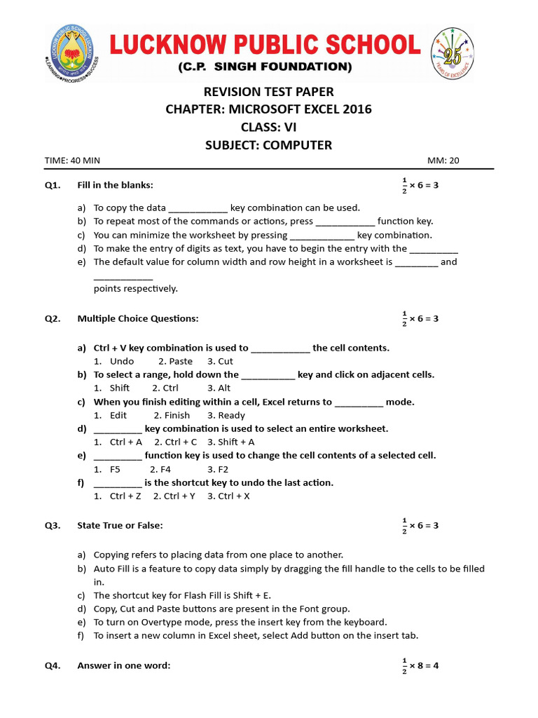 Class - VI - Microsoft Excel 2016 | PDF | Keyboard Shortcut | Microsoft ...