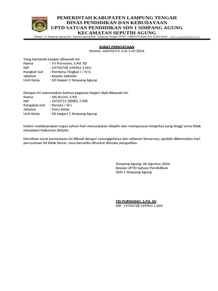 Surat Pernyataan Bu Arum Naik Pangkat | PDF