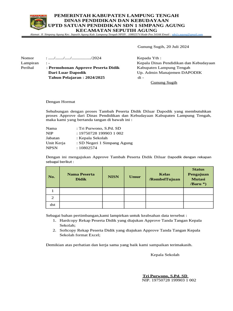 Surat Permohonan Aprove Peserta Didik Luar Dapodik | PDF