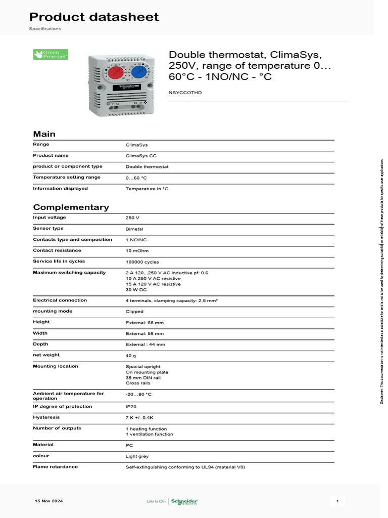 ClimaSys Double Thermostat 250V Specs | PDF | Thermostat | Electrical ...