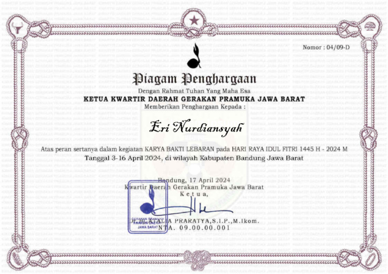 PIAGAM PENGHARGAAN KBL 2024 Eri Nurdiansyah | PDF