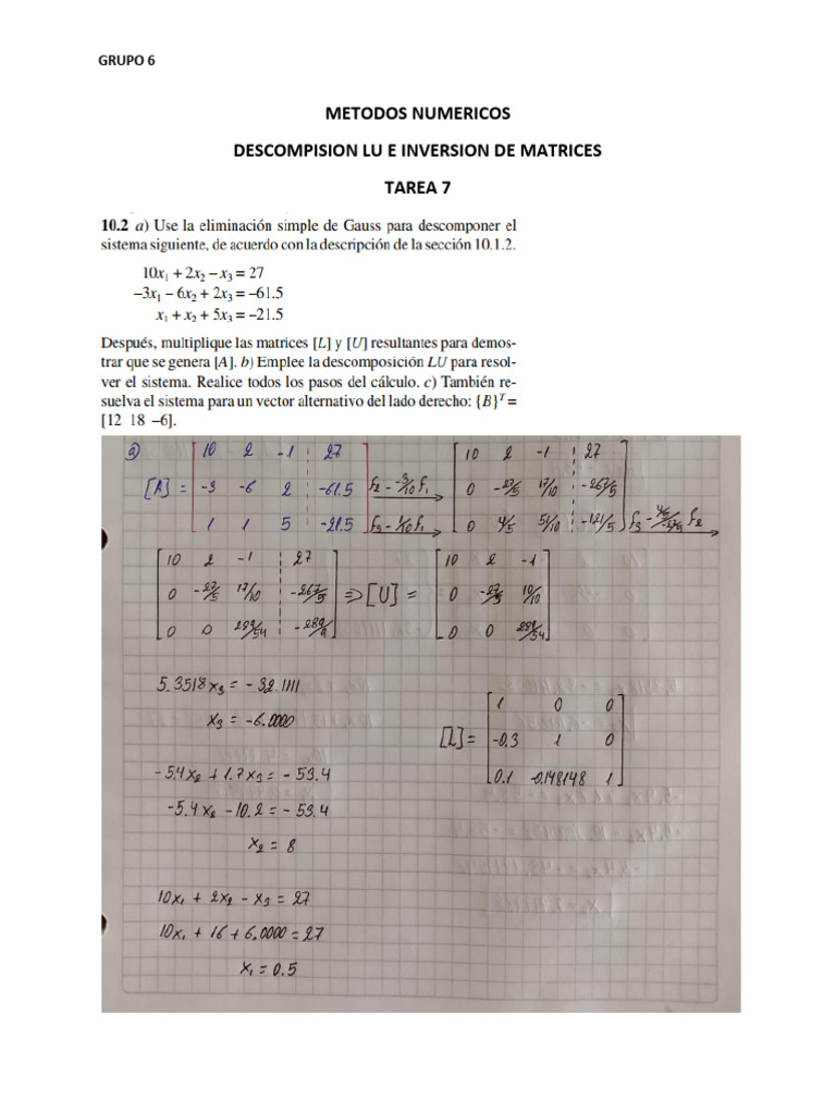 Tarea 7 - Descomposición LU e Inversión de Matrices | PDF