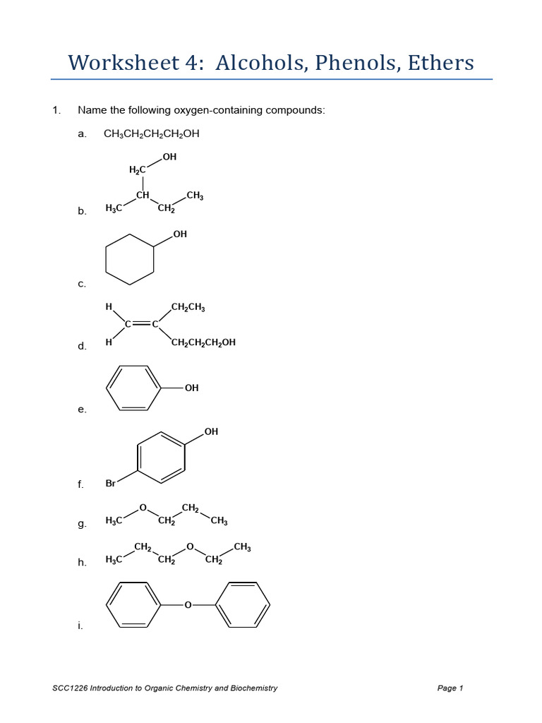 SCC1226 Worksheet 4 Alcohols Phenols Ethers 2023 | PDF | Ether | Methyl ...