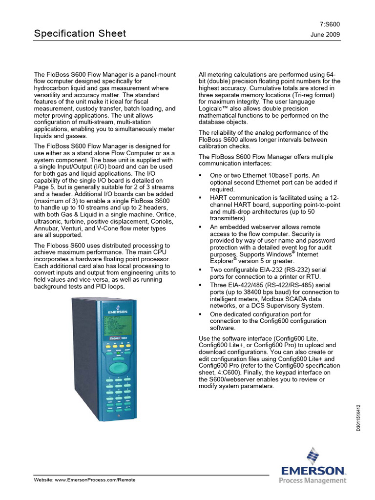 Floboss™ S600 Flow Manager: Specification Sheet | PDF | Analog To Digital Converter | Input/Output
