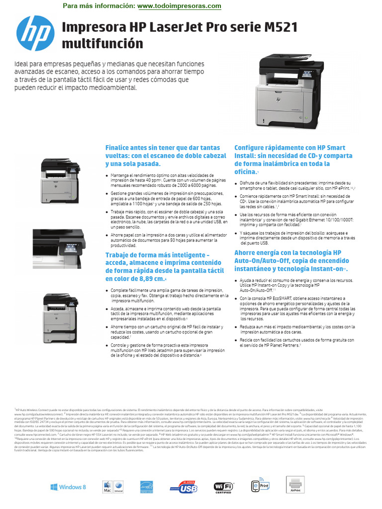 Caracteristicas Impresora HP Laserjet Pro m521 MFP | PDF | Impresora ...