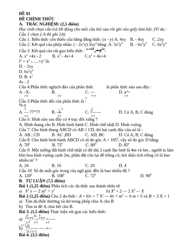 60 de Kiem Tra Hoc Ki 1 Toan 8 | PDF