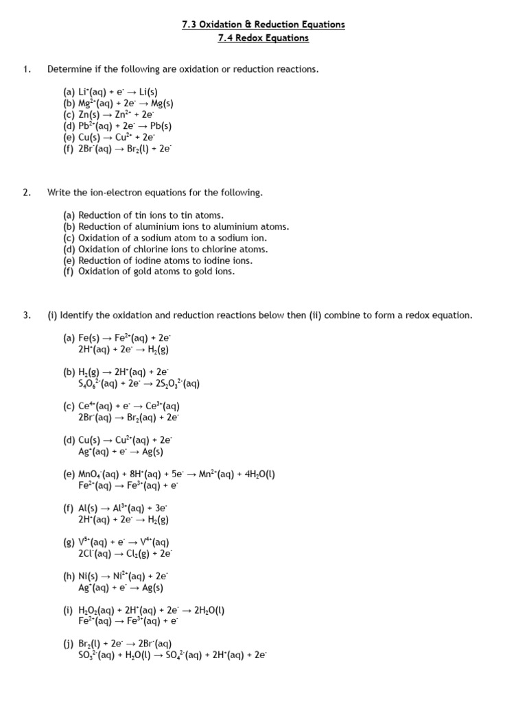 7.4 - Oxidation, Reduction & Redox Equations | PDF | Redox | Chemical ...