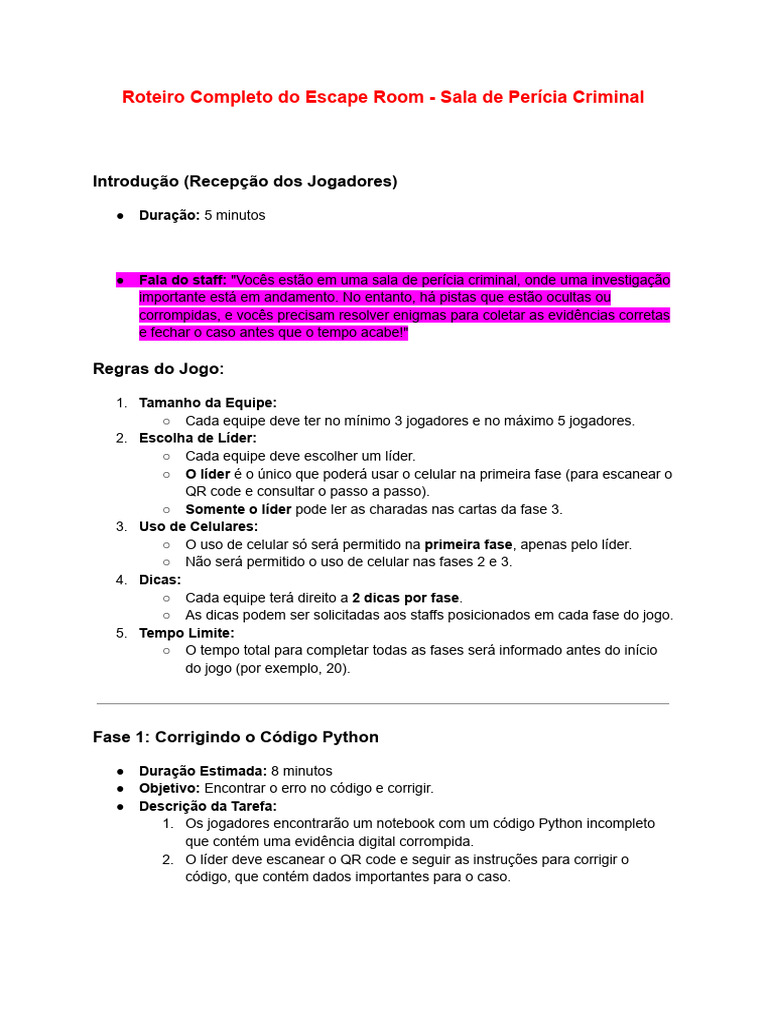 Roteiro Completo Do Escape Room - Sala de Perícia Criminal | PDF ...