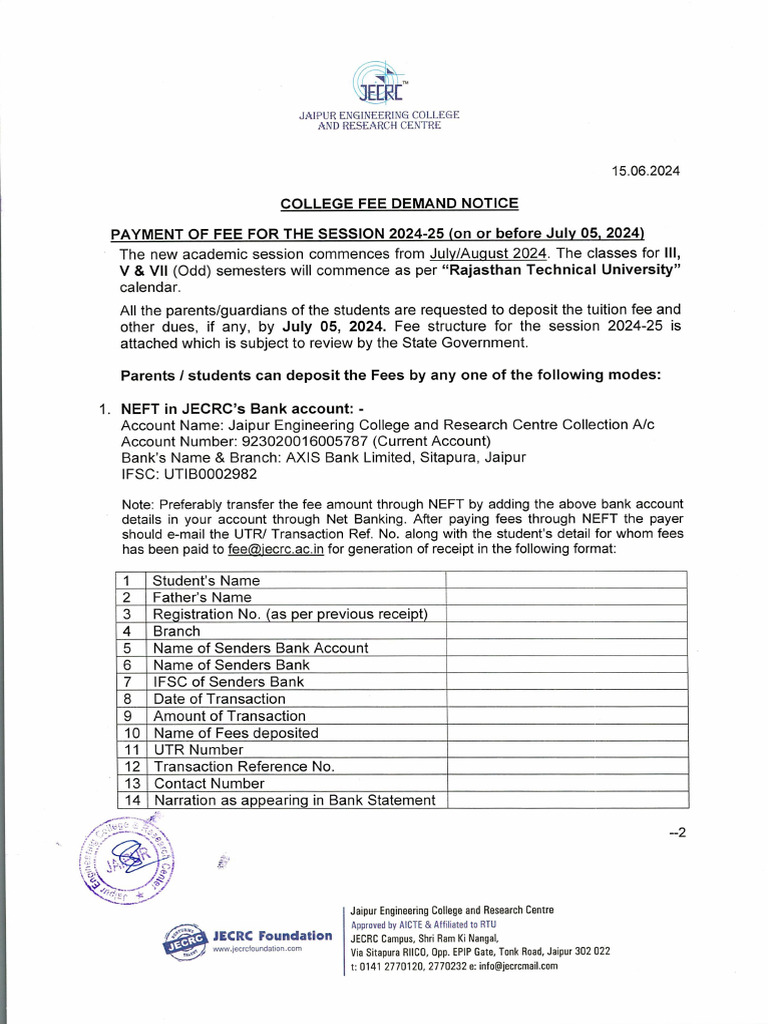 Academic Fee Demand Notice 2024-2025 | PDF
