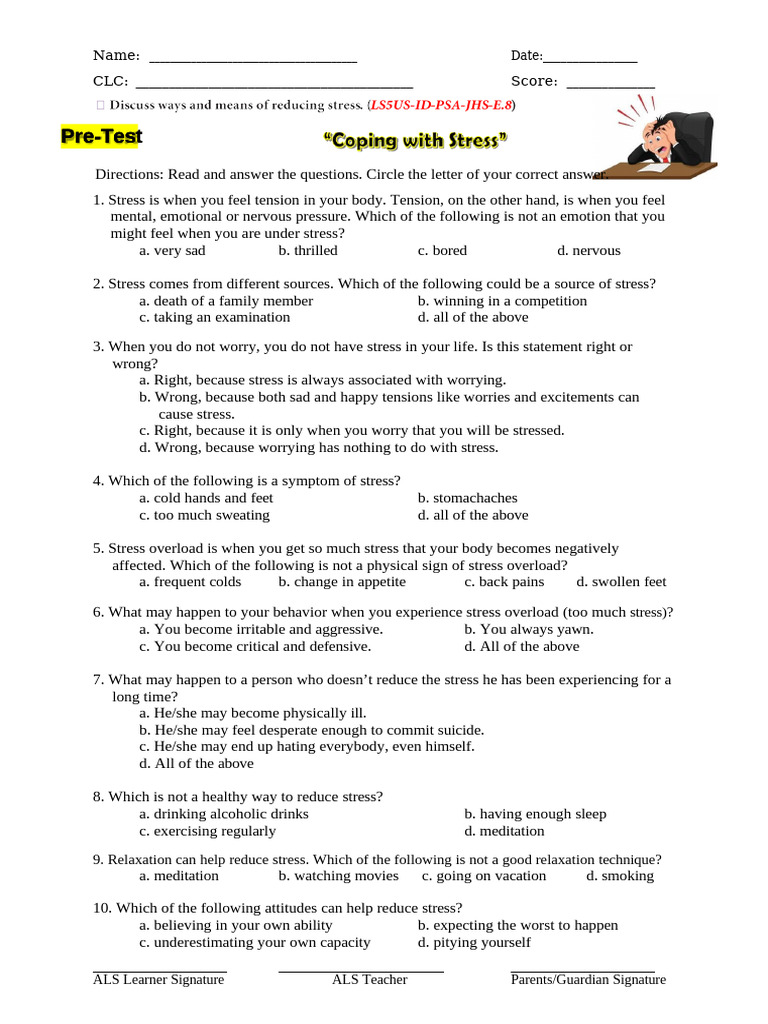 LS5 Worksheets JHS Reducing Stress | PDF | Stress (Biology) | Relaxation (Psychology)