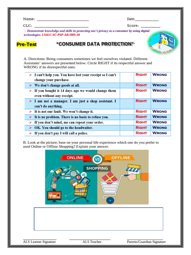 LS4 Worksheets JHS Consumers Data Protection | PDF | Human ...