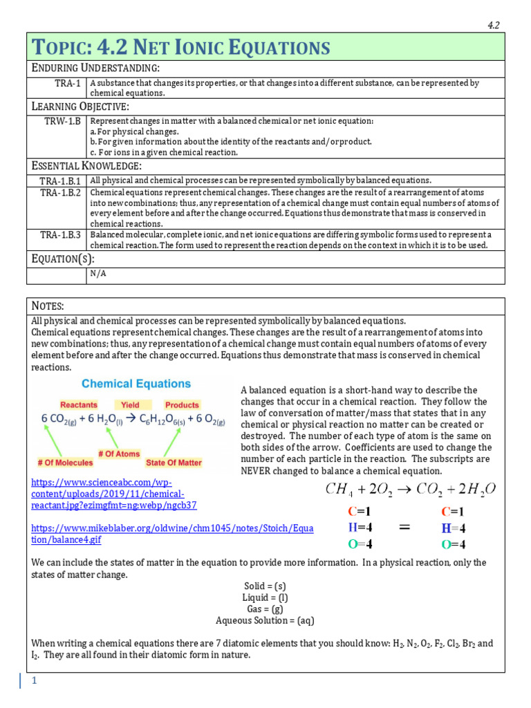 4.2 Net Ionic Equations Student | PDF | Chemistry | Chemical Reactions