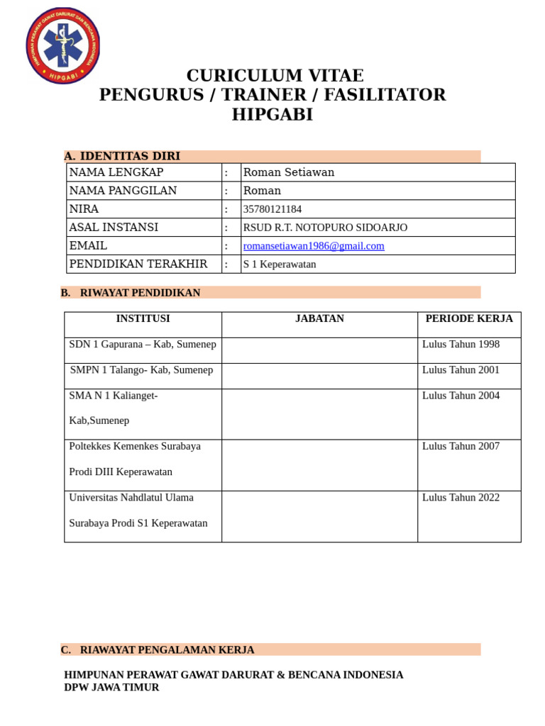 CV Roman Setiawan, Perawat Gawat Darurat | PDF
