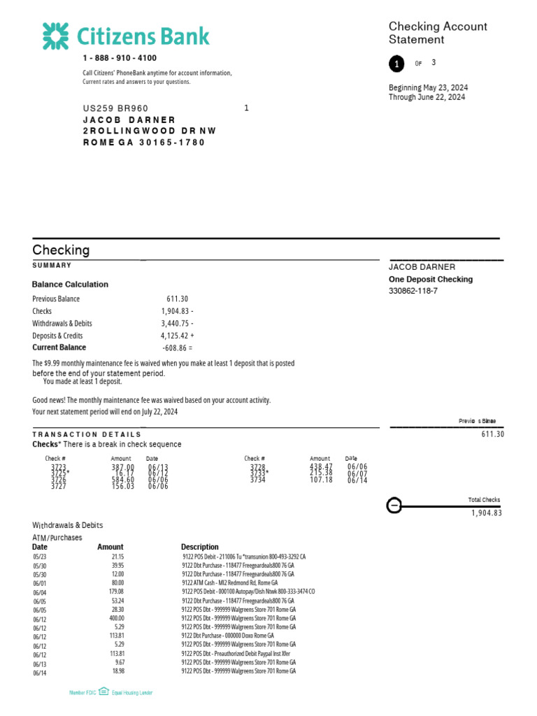 One Deposit Checking 1011 June 22 2024 PDF | PDF | Debits And Credits ...