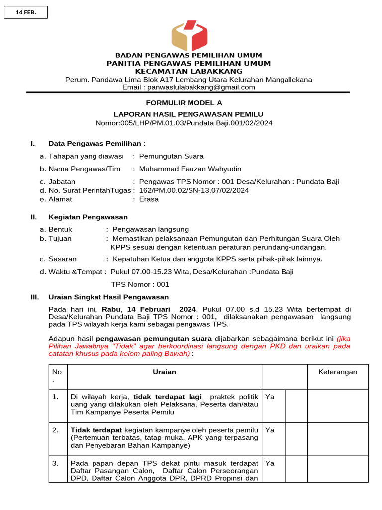 Laporan Pengawasan Pemungutan Suara 2024 | PDF