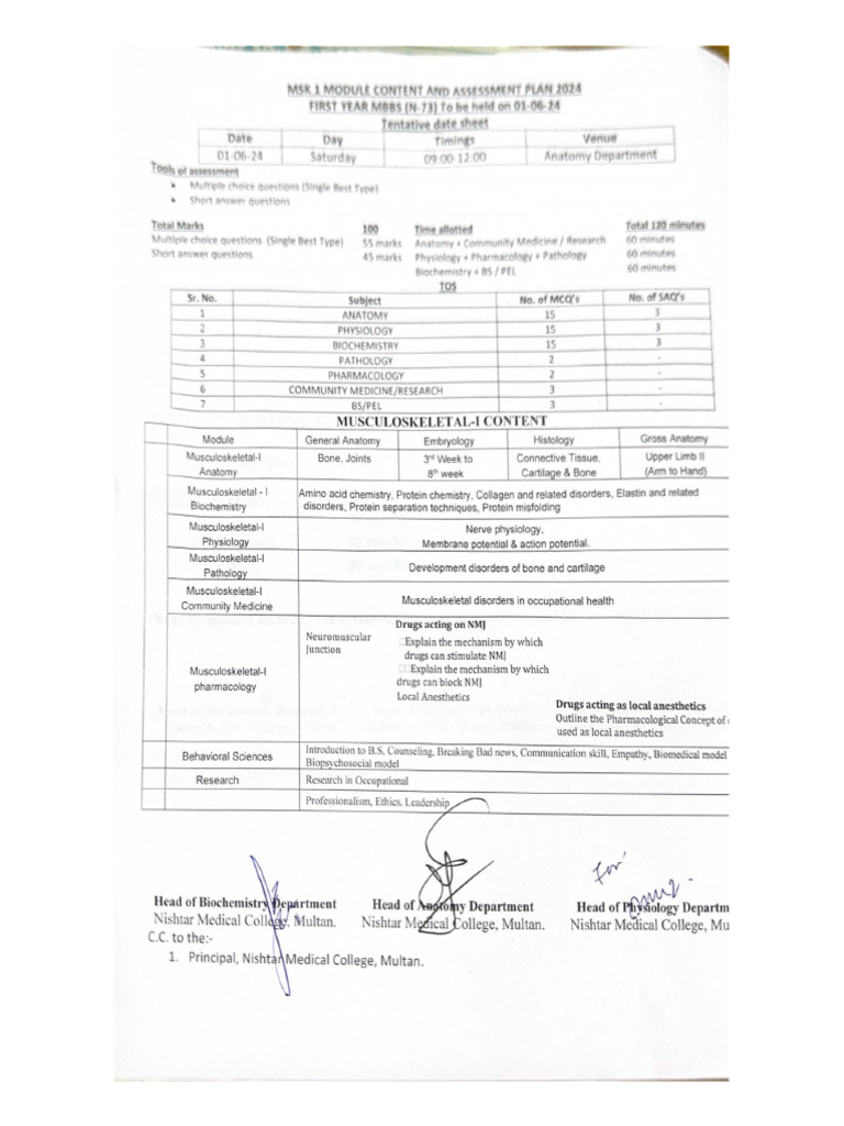 MSK 1 Module Content and Assessment Plan 2024 | PDF