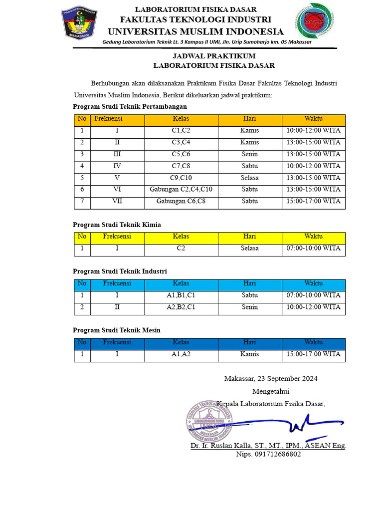 Jadwal Praktikum - Laboratorium Fisika Dasar | PDF