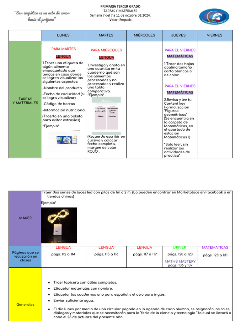 Semana 7 Plan de tareas y materiales 3° Semana 2 | PDF