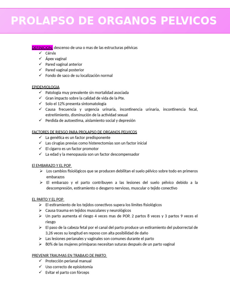 Apuntes Prolapso de Organos Pelvicos | PDF | Parto | Vagina